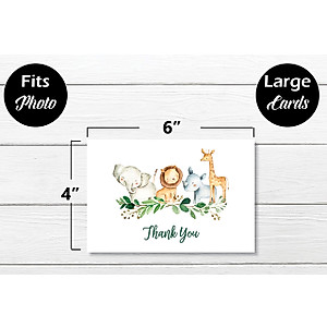 25 Safari Thank You Cards With Envelopes (Thick Card Stock) Baby Shower, Jungle Greenery Large Size 4x6 Zoo Animal Giraffe Lion Elephant Gratitude For Party, Girl Boy Children Birthday Stationery