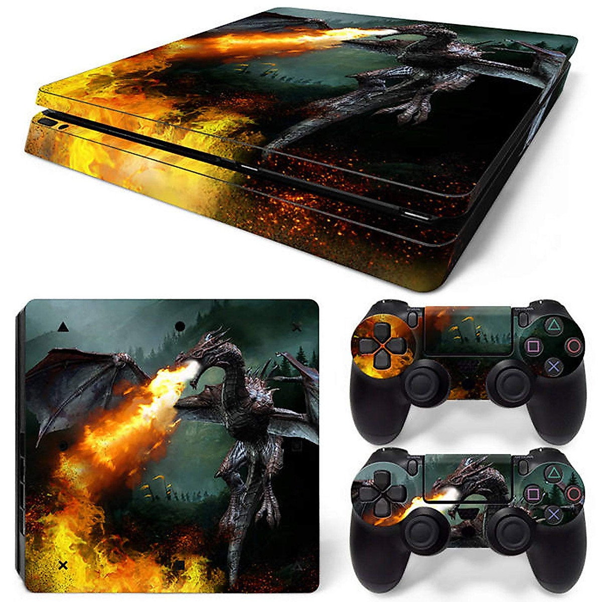 ZOOMHITSKINS PS4 Slim Skins, Animal Prehistoric Dragon Fire Flames Medieval Classic Vintage, Durable, Bubble-Free Goo-Free,Cover Set of 2 Controller Skins 1 Console Skin, Made in USA