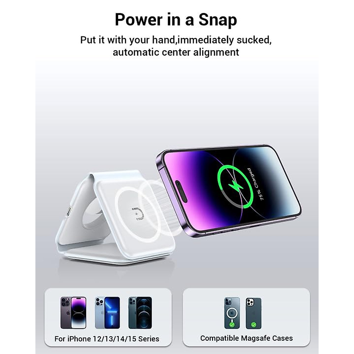 Wireless Charger, Magnetic Foldable 3 in 1 Mag-Safe Charger, Fast Travel Wireless Charging Station for iPhone 15/14/13/12/ Series,for iWatch,for AirPods (Adapter Included)