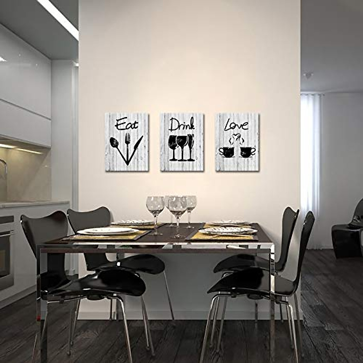 OuElegent Kitchen Canvas Wall Art Eat Love Sign Painting Pictures Rustic Wood Texture Prints Black Gray Modern Artwork for Home Restaurant Cafe Bar Wall Decor Framed Ready to Hang 12"x16"x3Pcs