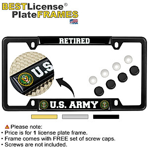 [Officially Licensed Product] - U.S. Army Retired - Domed Custom-Made Personalized Narrow (Thin) Top 4 Hole Metal Car License Plate Frame with Free caps - Black (Quantity: 1 Frame)