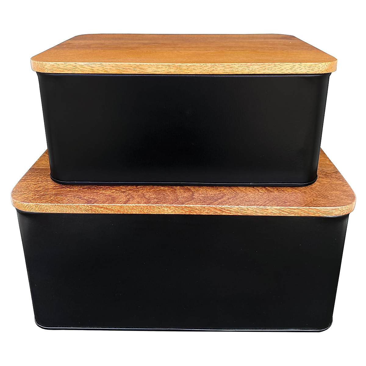 Bloomingville Metal Containers with Mango Wood Lids, Black and Walnut, Set of 2