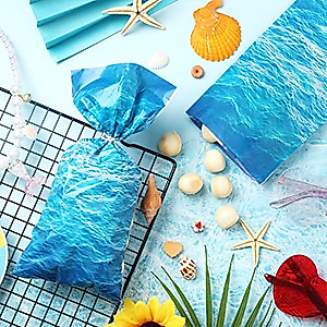 100 Pieces Ocean Waves Cellophane Treat Bags Under the Sea Blue Ocean Party Goodie Candy Bag with 100 Twist Ties for Beach Pool Birthday Summer Mermaid Party Decoration Baby Shower Supplies