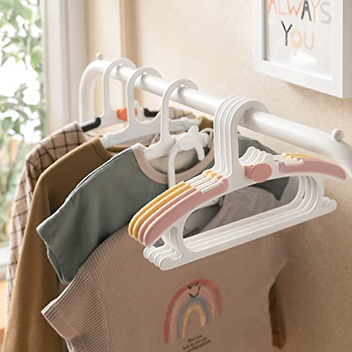 Baby Hangers for Closet Nursery Clothes, Pack of 20 Extendable Laundry Hanger for Newborn Clothing, with Space Saving Hooks & a Hanger Organizer, Adjustable Children Coat Hanger, Yellow