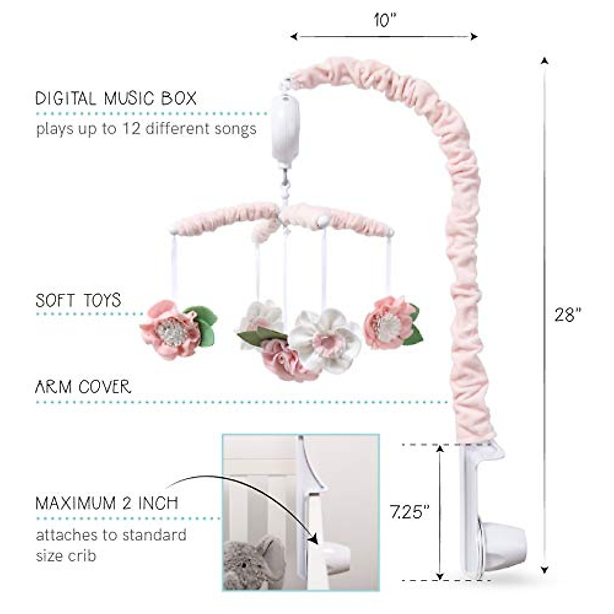The Peanutshell Pink Floral Musical Crib Mobile for Baby Girls | Digital Music Box with 12 lullabies