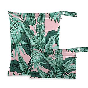 2pcs Cloth Diaper Wet Dry Bags Waterproof Tropical Green Palm Leaves Pink Reusable Washable Travel Beach Yoga Gym Bag for Swimsuits Wet Clothes