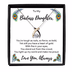 To My Badass Daughter Necklace From Mom, Birthday Gifts for Teen Girls, Father Daughter Necklace, Jewelry for Daughter, Daughter Birthday Pendant, Graduation Wishbone Necklace