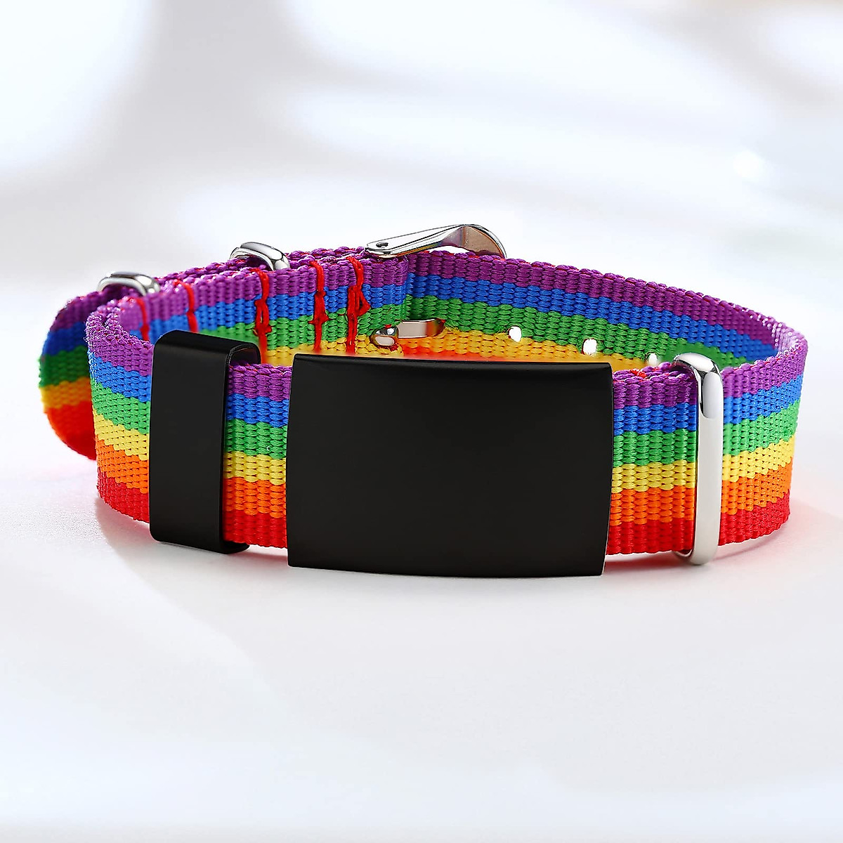 Mealguet Jewelry Personalized Nylon Strap Style ID Bracelet, Stainless Steel Adjustable Buckle Military Style Rainbow Color Identification Wristband, Customized ID Bracelet for Men Women