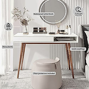 Arts wish White Writing Desk with Drawers Mid Century Modern Desk, Wood Office Desk Computer Desk Vanity Desk for Small Space, White Desk with Walnut Legs