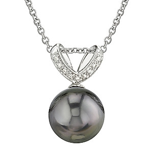 The Pearl Source 14K Gold 12-13mm Round Black Tahitian South Sea Cultured Pearl & Diamond Belissima Pendant Necklace for Women