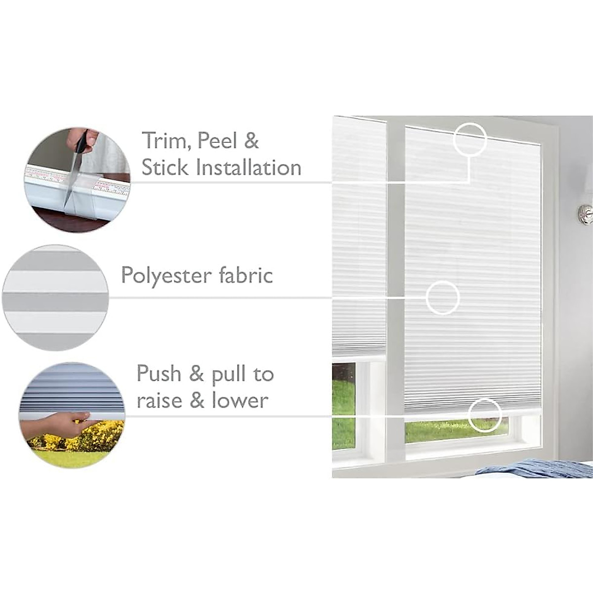 Redi Shade No Tools Easy Lift Trim-at-Home Cordless Pleated Light Blocking Fabric Shade White, 30 in x 64 in, (Fits windows 19 in - 30 in)