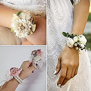 CIEOVO 12 Pieces Elastic Pearl Wrist Corsage Bands Wristlets DIY Wrist Corsages Accessories for Wedding Prom Flowers Party Supplies (White lace)