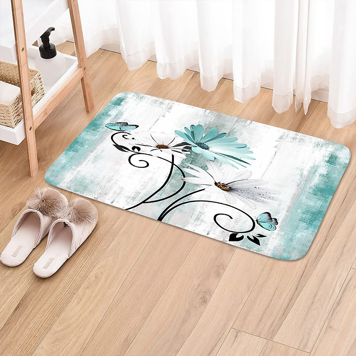 Rustic Farmhouse Bath Rug, Farm Teal Daisy Floral Flowers and Butterfly on Country Wooden Bath Mat Turquoise Blue Kitchen Rug Floor Mat Soft Non Slip Runner Carpet Indoor Doormat (17X29)