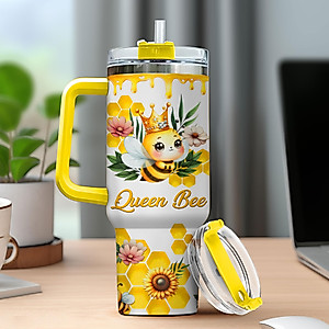99WHALE Bee Gifts, Cute Queen Bee, Tumbler 40 Oz With Handle Lid And Straw, Yellow Keep Drinks Cold Hot, Yellow Handle Floral For Tumblers Cups Coffee Sunflower Flower Women