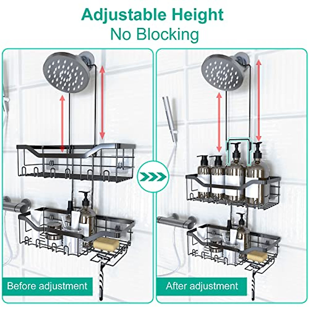 SHINGONE Hanging Shower Caddy Adjustable Length, Shower Caddy Over Shower Head With Hooks, Shower Rack Hanging Shower Organizer for Bathroom, Black