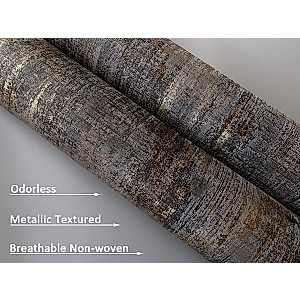AM1NAH Distressed Wallpaper Industrial Metallic Wall Paper Non-Woven, 20.80'' X 393.00'', Charcoal & Gold