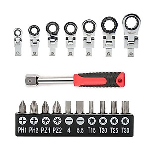 LSLANSOON 20 Pcs Flex Head Ratchet Wrench Set, 8mm-19mm Changeable Torx Head Wrench Ratchet Screwdriver Multi Tool Set with Case