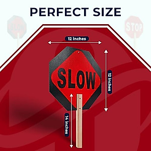OLANZU 5-Pack Handheld Stop Slow Signs with Wooden Handle - 12" x 12" Double-sided Crossing Guard Stop Sign - Honeycomb Reflective Road Sign,Aluminium Sign - Easy to Install