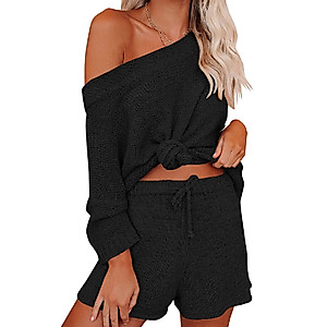 Mafulus Women's 2 Piece Outfits Sweater Sets Off Shoulder Knit Top Shorts Matching Suits Cute Pajama Lounge Set