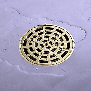 Round 4-1/4Inch Shower Drain, 304 Stainless Steel Brushed Gold Shower Floor Drain, Quadrato Pattern Grate Removable,Includes Drain Flange Kit