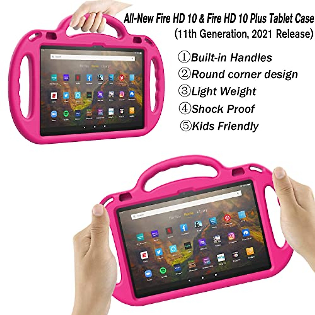 LTROP Kids Case for All-New Fire HD 10 and Fire HD 10 Plus (11th Generation, 2021) 10.1-Inch with Shoulder Strap, Light Weight Shockproof Kid-Proof Handle Stand Cover Case for Fire HD 10 Tablet - Pink