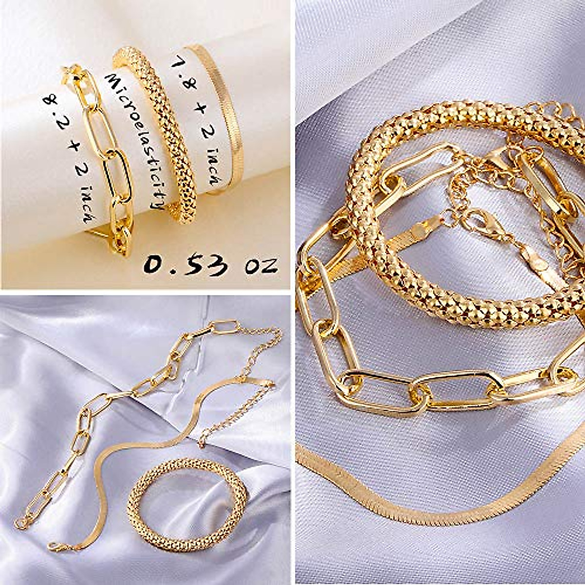 IFKM 6 PACK (24 PCS) Boho Gold Chain Bracelets Set for Women Girls, 14K Gold Plated Multiple Layered Stackable Open Cuff Wrap Bangle Adjustable Link Italian Cuban Jewelry for Women Girls Gift