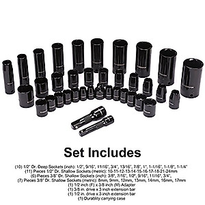 CASOMAN Complete 3/8" and 1/2” Drive Impact Socket Set, Inch (SAE) /Metric, Cr-V, 6-Point, 3/8"- 1-1/4", 8 mm - 24 mm, Deep & Shallow, 38-Piece Impact Socket Set