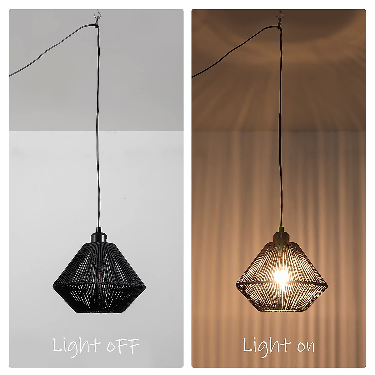 YongMing CL Black Woven Plug in Pendant Light Fixture, 9.65’’ Rustic Farmhouse Pendant Hanging Light with Plug in Cord & On/Off Switch for Kitchen Island Living Dining Room Bedroom Foyer