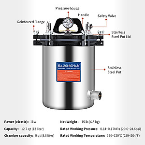 BAOSHISHAN 12L Steam Autoclave 12.7 QT Stainless Steel Portable Pressure Autoclave 1KW 110V