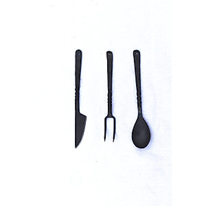 Viking Traders Hand-Forged Blacksmith Medieval Dining Hall Eating/Feasting Utensils set of 3 Piece Functional Fork Knife and Spoon Medieval Eating Set, with genuine leather pouch for easy carrying.