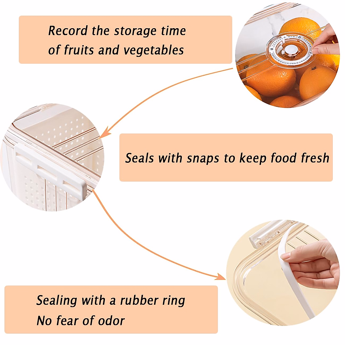 Time Recording Fruit Storage Containers for Fridge, Airtight Produce Storage Saver Containers, Fridge Organizer with Lid, Stackable Transparent Fresh Keeper Bin for Salad Berry (white-3 piece set)