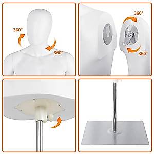 SHAREWIN Male Mannequin with Metal Stand Adjustable Plastic Half Body Display Mannequin Head, for Retail Clothing Shops, White