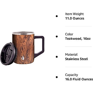 Elemental Summit Coffee Mug with Lid & Handle, Insulated Camp Mug, Triple Wall Stainless Steel Mug with Copper Lining, Hot and Cold Coffee Tumbler up to 6 Hours Hot and 18 Hour Cold, 16oz - Teakwood