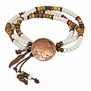 Buffalo Nickel Multi Strand Bracelet | Leather and Czech Glass Beads | Genuine Coin | One Size Adjustable |Women’s Fashion Jewelry