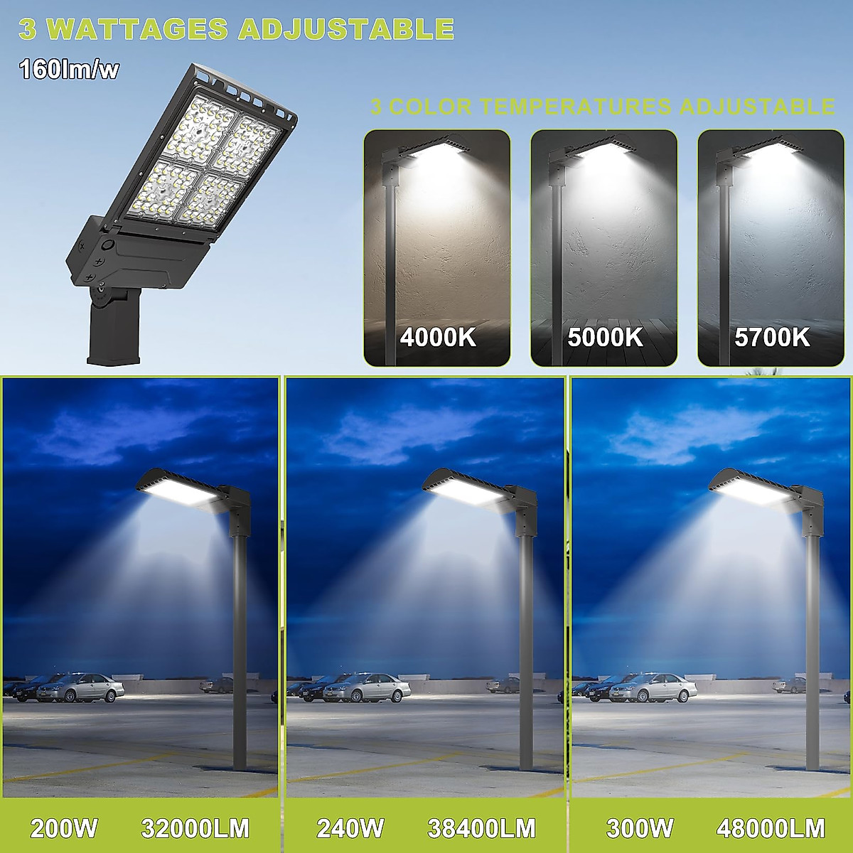 Hylele LED Parking Lot Lights 300w-240w-200w turnable 5700k/5000K/4000K Adjustable Dusk-to-Dawn Photocell Outdoor IP65 Commercial Street Area Lighting 1 Pack (Optional Motion Sensor, Extra Purchase)