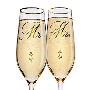 Bride and Groom Champagne Glasses (8 oz), Gold Print Mr and Mrs Glasses for Wedding Glasses and Toasting Flutes, Bridal Shower Gifts, Engagement Gift, Comes with Gift Box and Note Card