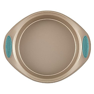 Rachael Ray Cucina Bakeware Set Includes Nonstick Bread Baking Cookie Sheet and Cake Pans, 5 Piece, Latte Brown with Agave Blue Grips
