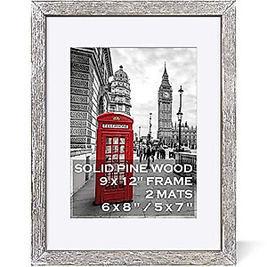 9x12 White Picture Frames Solid Wood Rustic White Display Pictures 6x8 or 5x7 with Mat or 9x12 without Mat - Farmhouse Distressed Photo Frame for Art with 2 Mats Wall Mounting,Table Top - Set of 1