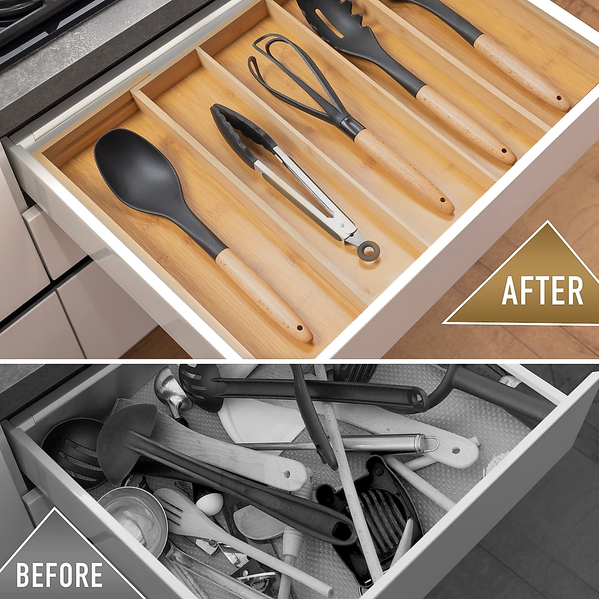 Besilord Silverware Organizer Expandable Kitchen Drawer Organizer Bambooo Utensil Organizer Silverware Tray for Drawer Flatware Cutlery Organizer