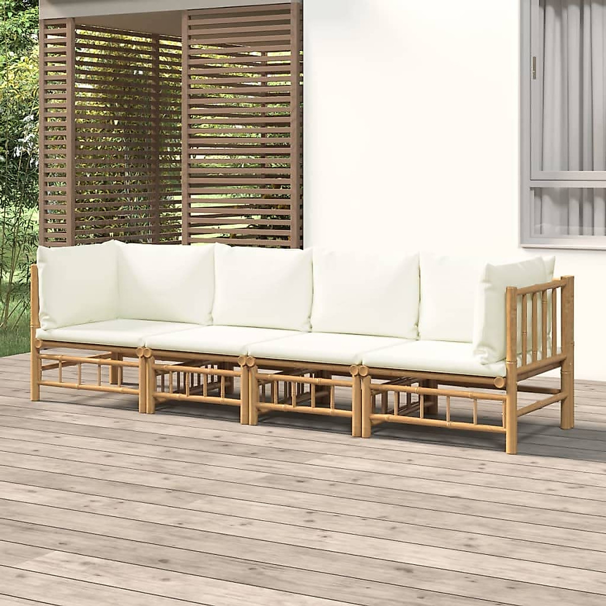 vidaXL Bamboo 4 Piece Patio Lounge Set with Cream White Cushions - Comfortable Outdoor Seating for Garden, Patio, Deck - Easy Assembly