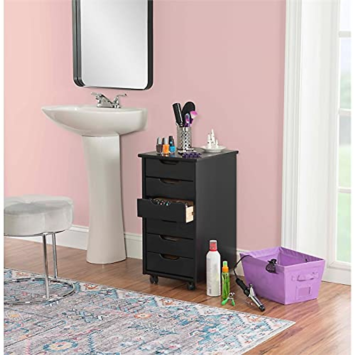 Pemberly Row Mid Century Six Drawer Wood Rolling Storage Cart in Black