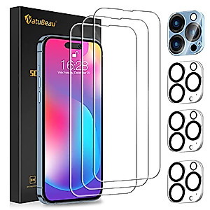 NatuBeau 3 Pack Screen Protector for iPhone 14 Pro Max 6.7" with 3 Pack Camera Lens Protector, HD Clear Tempered Glass iPhone 14 Pro Max Screen Protector, 9H Hardness, Scratch Resistant, Easy Install, Bubble Free, Case Friendly