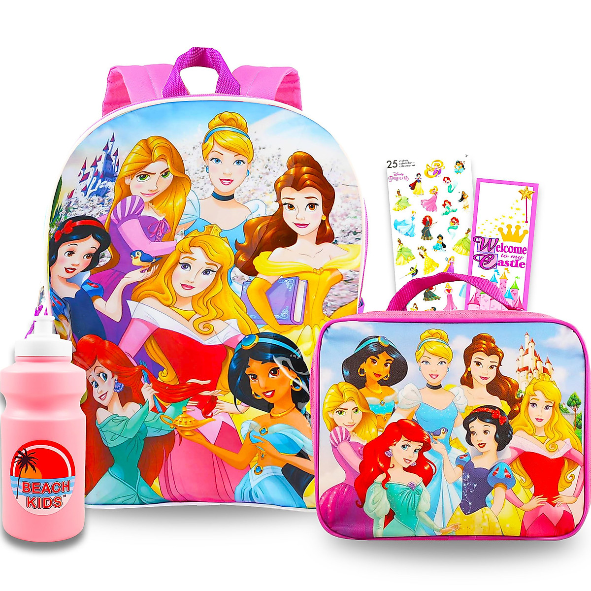 Disney Princess Backpack and Lunch Box Set - Bundle with 16" Princess Backpack, Disney Princess Lunch Bag, Water Bottle, Princess Stickers, More | Princess Backpack for Girls