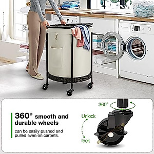 Greenstell Laundry Hamper with Lid, 198L Large 2 sections Rolling Laundry Basket with wheels, Round Laundry Cart with Rattan Tray and Removable Bag, Metal Frame, White