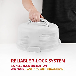 HOYA PONYOO Portable Cake Carrier with Handle, Round Cupcake Holder with Lid, Plastic Storage Container Box fit 10 inch Cake, 3-Locking Muffin and Pies Keeper with Cover (White)