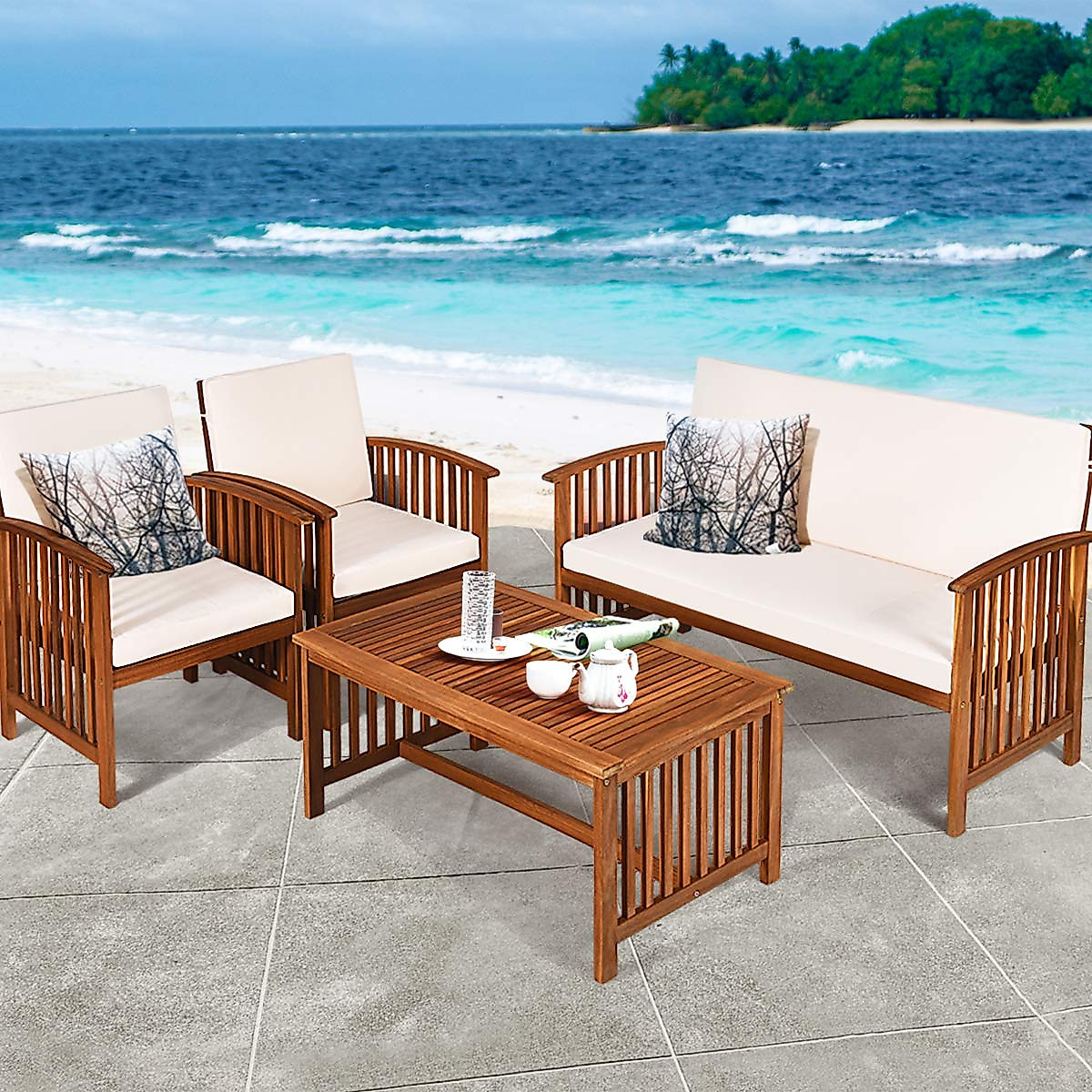 Tangkula Outdoor 4 Pcs Acacia Wood Sofa Set w/Water Resistant Cushions, Padded Patio Seating Chat Set w/Coffee Table for Garden, Backyard, Poolside (1, White)