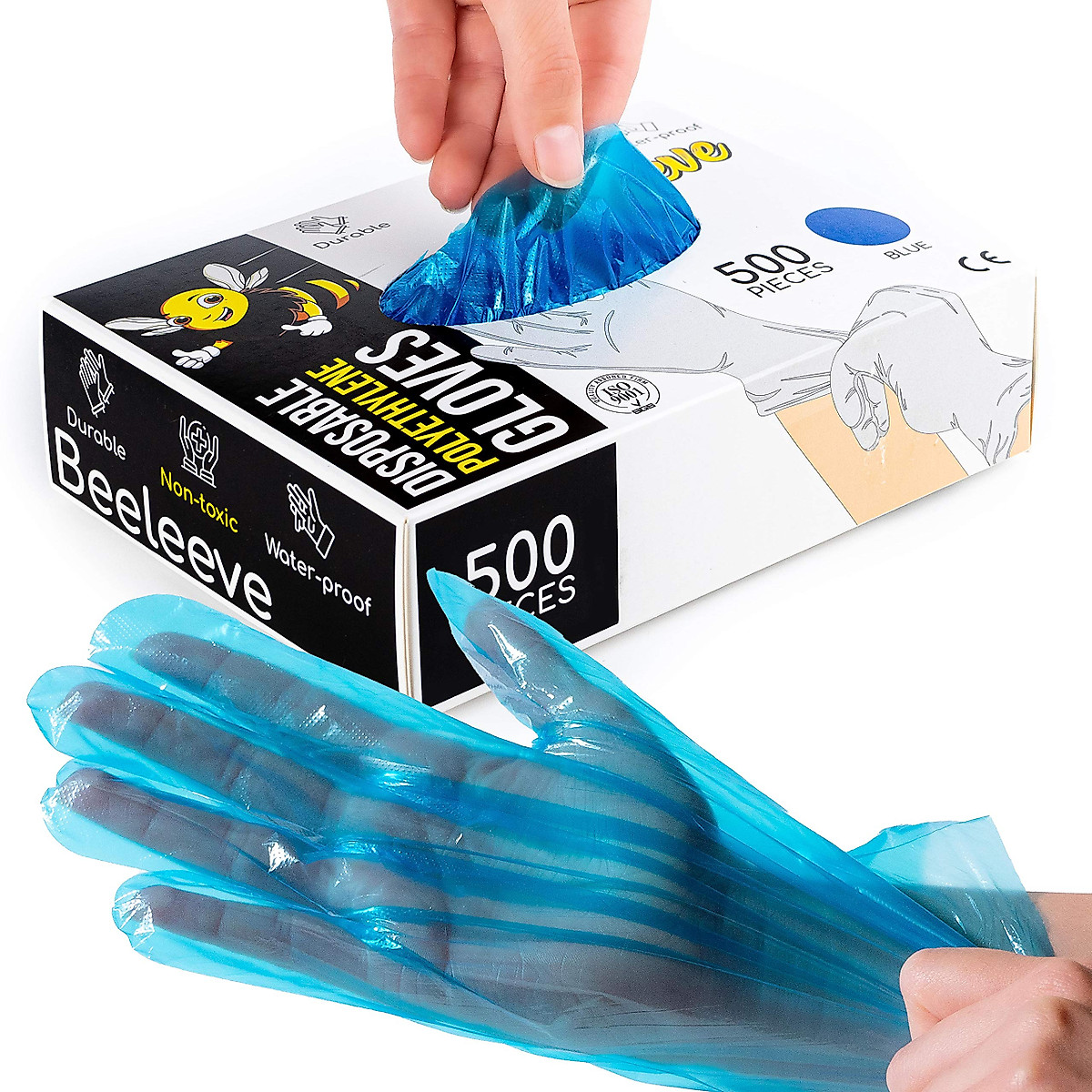 Beeleeve [500-Box Disposable Plastic Poly Gloves - One Size Fits Most - Color Variants - Single-Use Hand Covers for Food Safe Handling, Preparation, Kitchen, Cooking, Waterproof, Bulk (b - Blue)