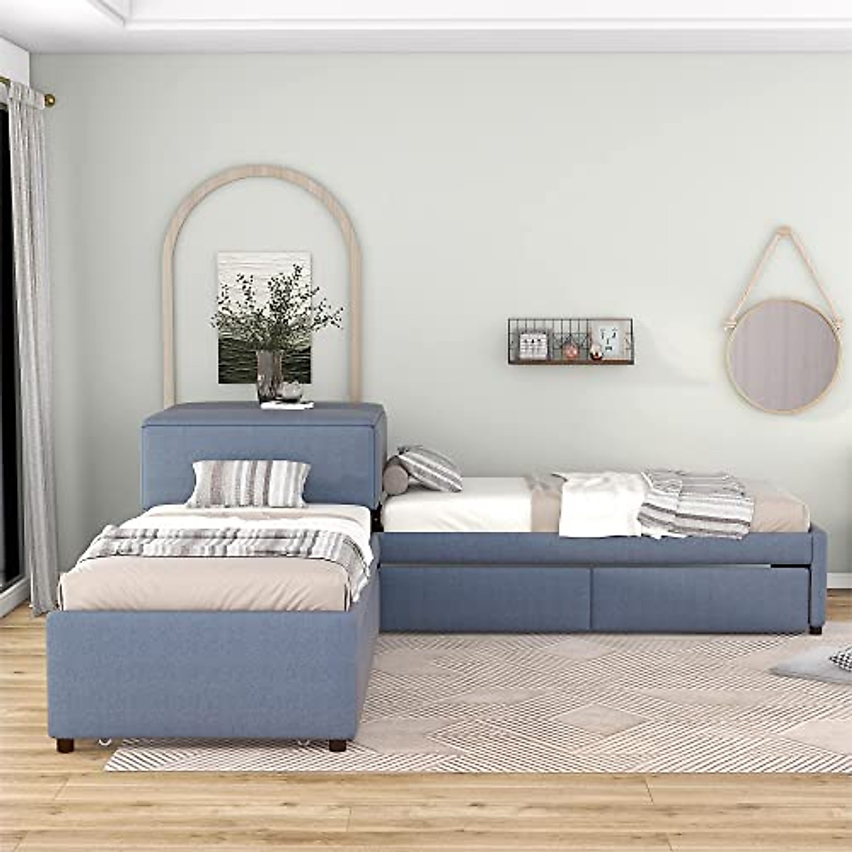 Merax L-Shaped Platform Bed with Trundle and Two Drawers Linked with Built-in Desk, Twin, Grey (Upholstered)
