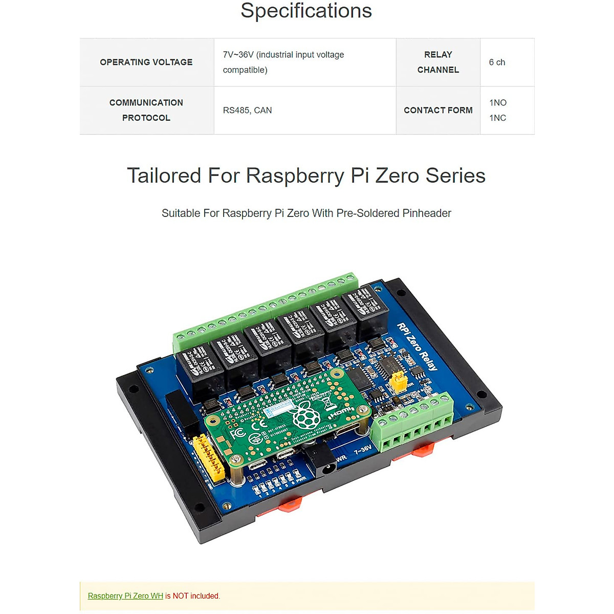 Waveshare Industrial 6-CH Relay Module for Raspberry Pi Zero, RS485/CAN Half-Duplex Communication, Auto RX/TX Switch, MCP2515 + SN65HVD230 Solution, SPI Control