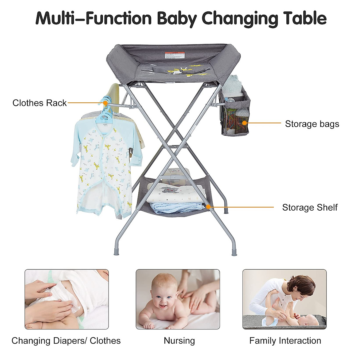 Baby Changing Table Nursing Station - Folding Diaper Table for Newborn Infant with Large Organizer Racks & Safety Belt, Grey